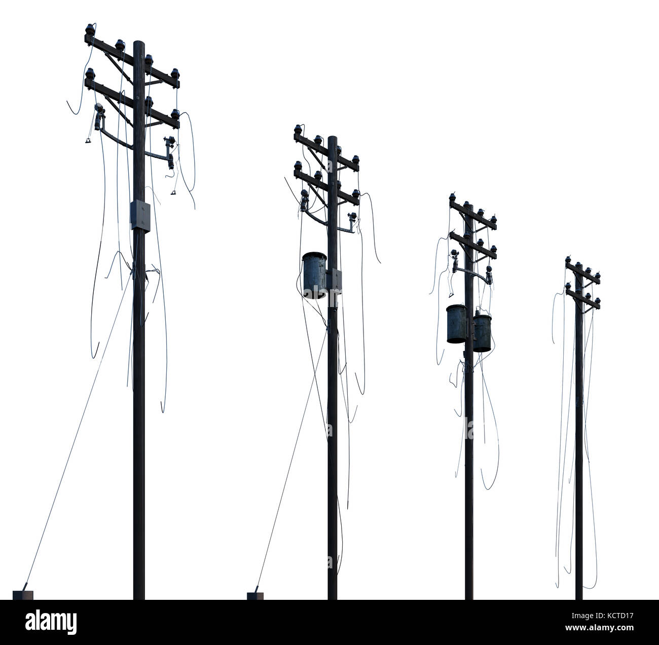 3D illustration wooden poles of power lines isolated on white Stock ...