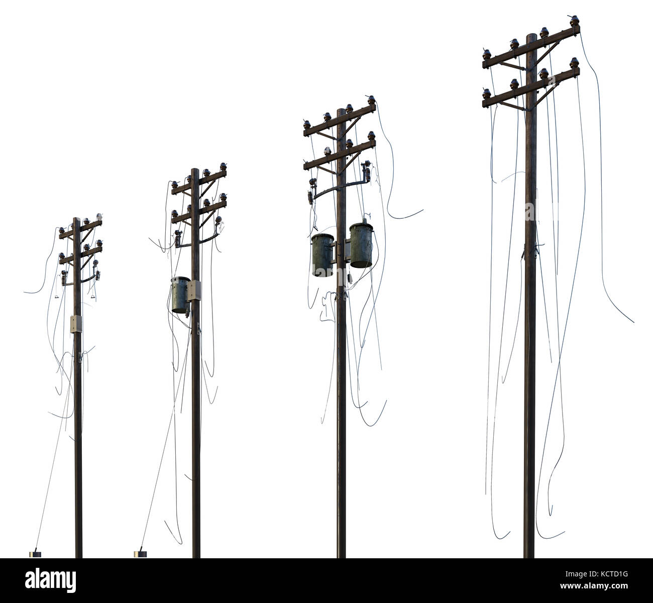 3D illustration wooden poles of power lines isolated on white Stock ...