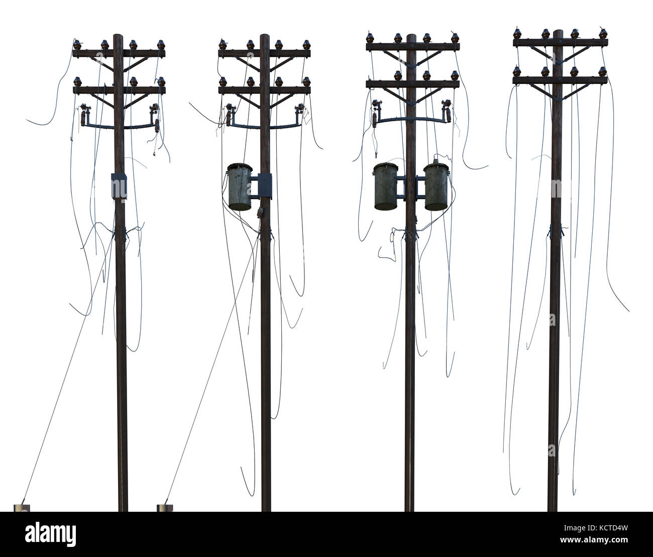 3D illustration wooden poles of power lines isolated on white Stock ...
