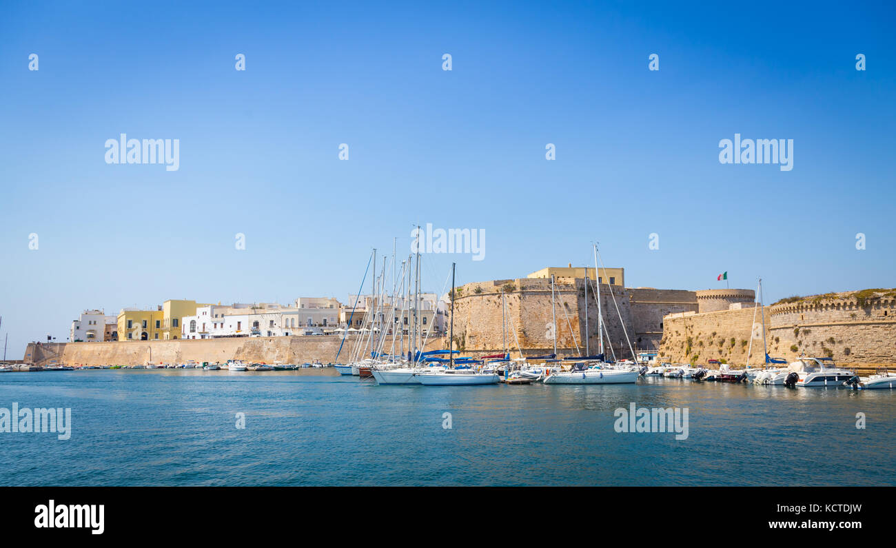 The harbour and the old walls of Gallipoli, Puglia Region - South Italy ...