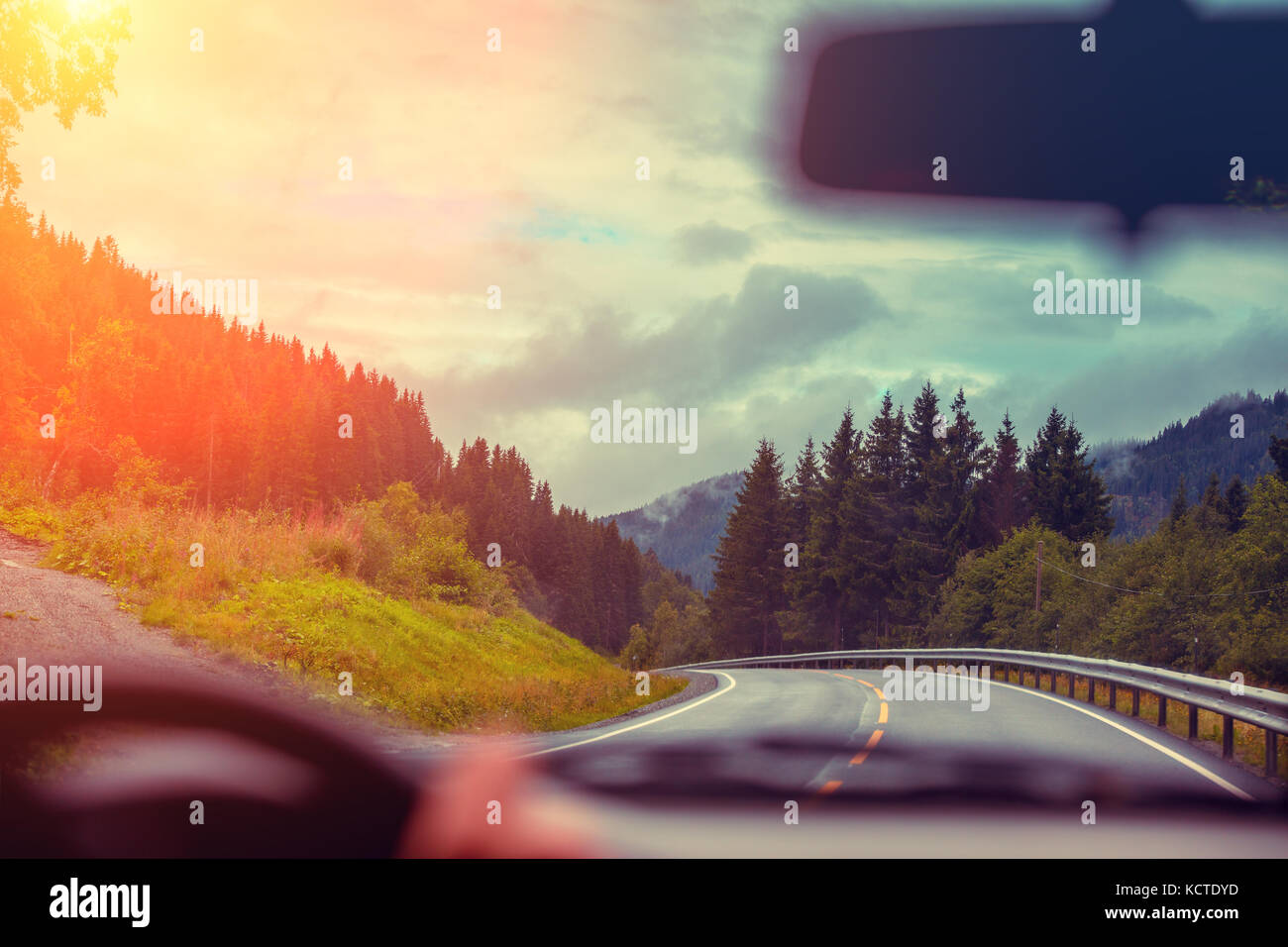 View from windscreen. Driving a car on mountain road. Nature Norway ...