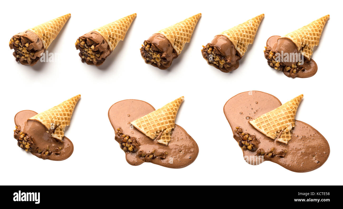 process of chocolate ice cream cone melting on white background Stock ...