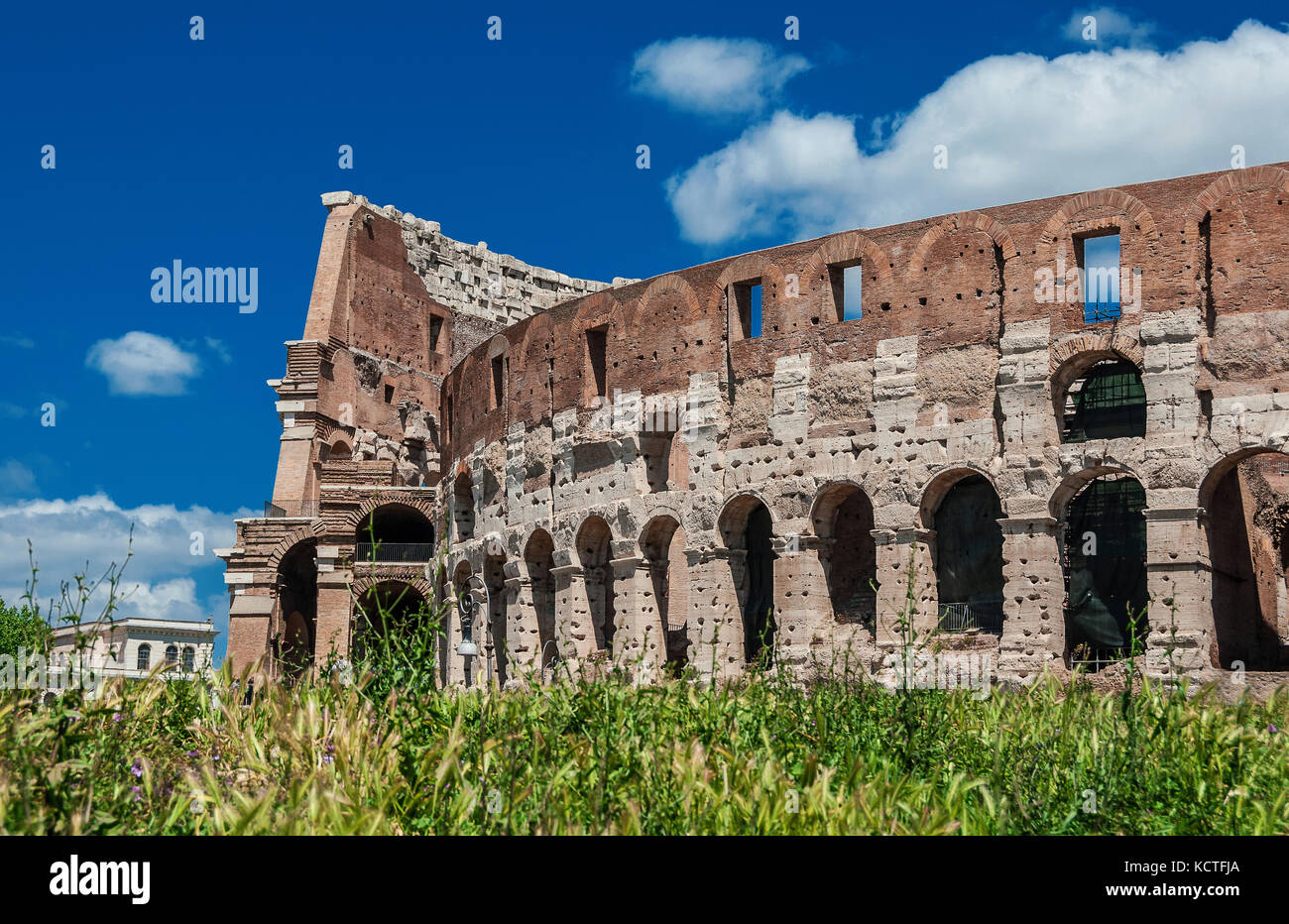 Coliseum inner ring monumental arcade in the center of Rome with green ...