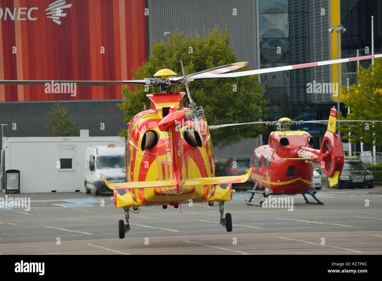 Helicopters attending the Helitech 2017 trade show held at London ExCel ...