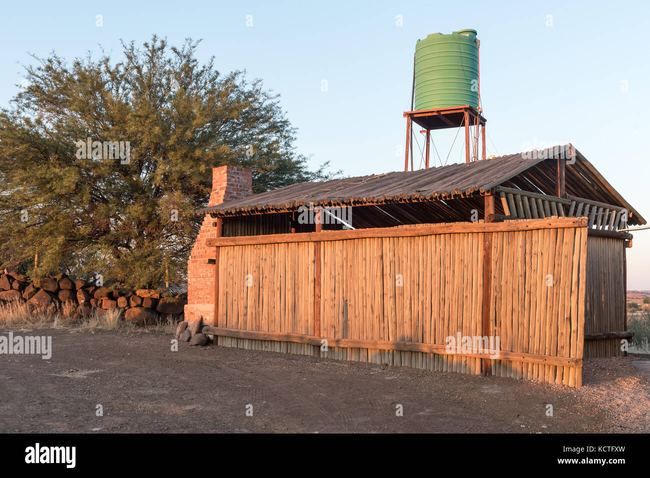 AROAB, NAMIBIA - JULY 6, 2017: A sunrise view of the lapa at the farm ...