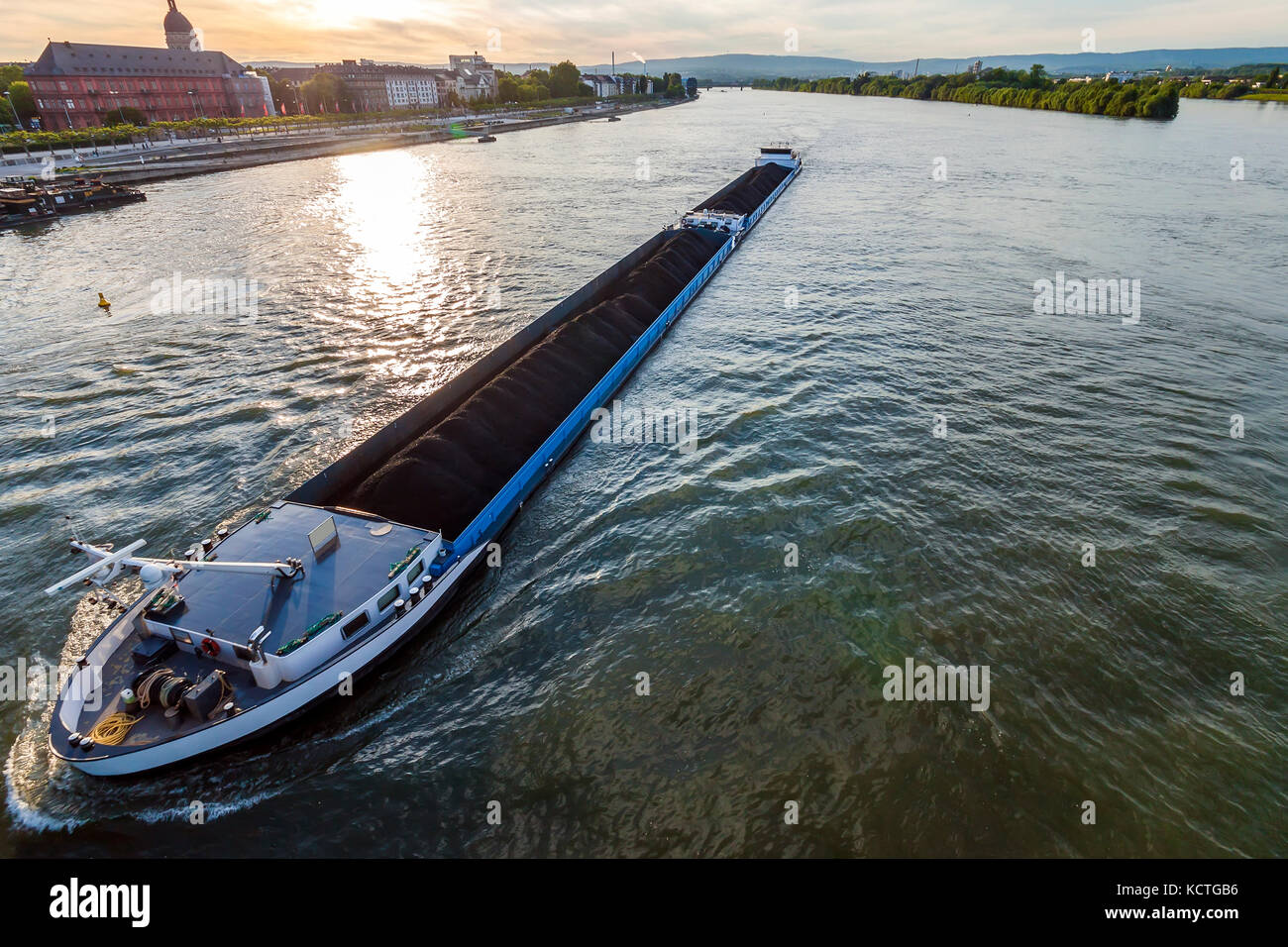 Cargo ship with coal bulk load on the river Rhine in Mainz, Germany ...