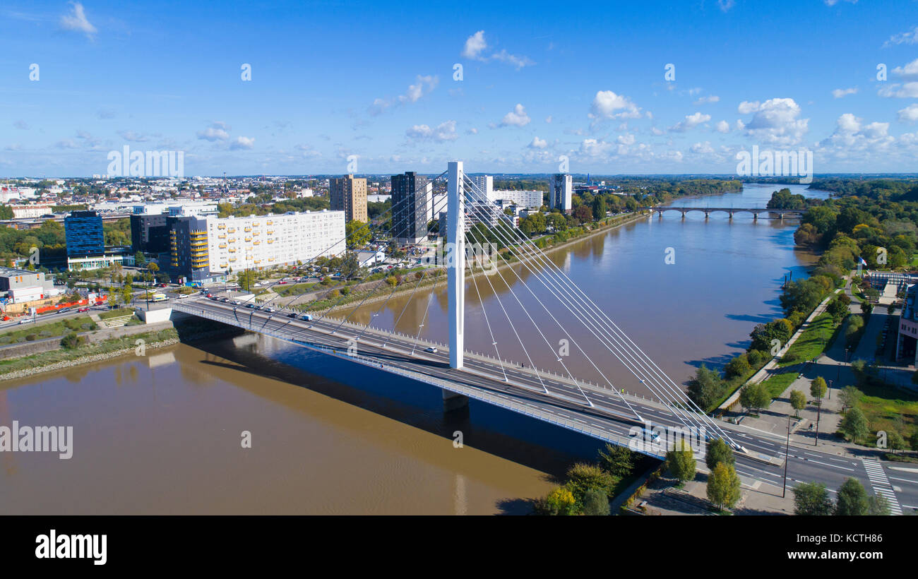 Aerial view of the Eric Tabarly suspension bridge in Nantes, Loire ...