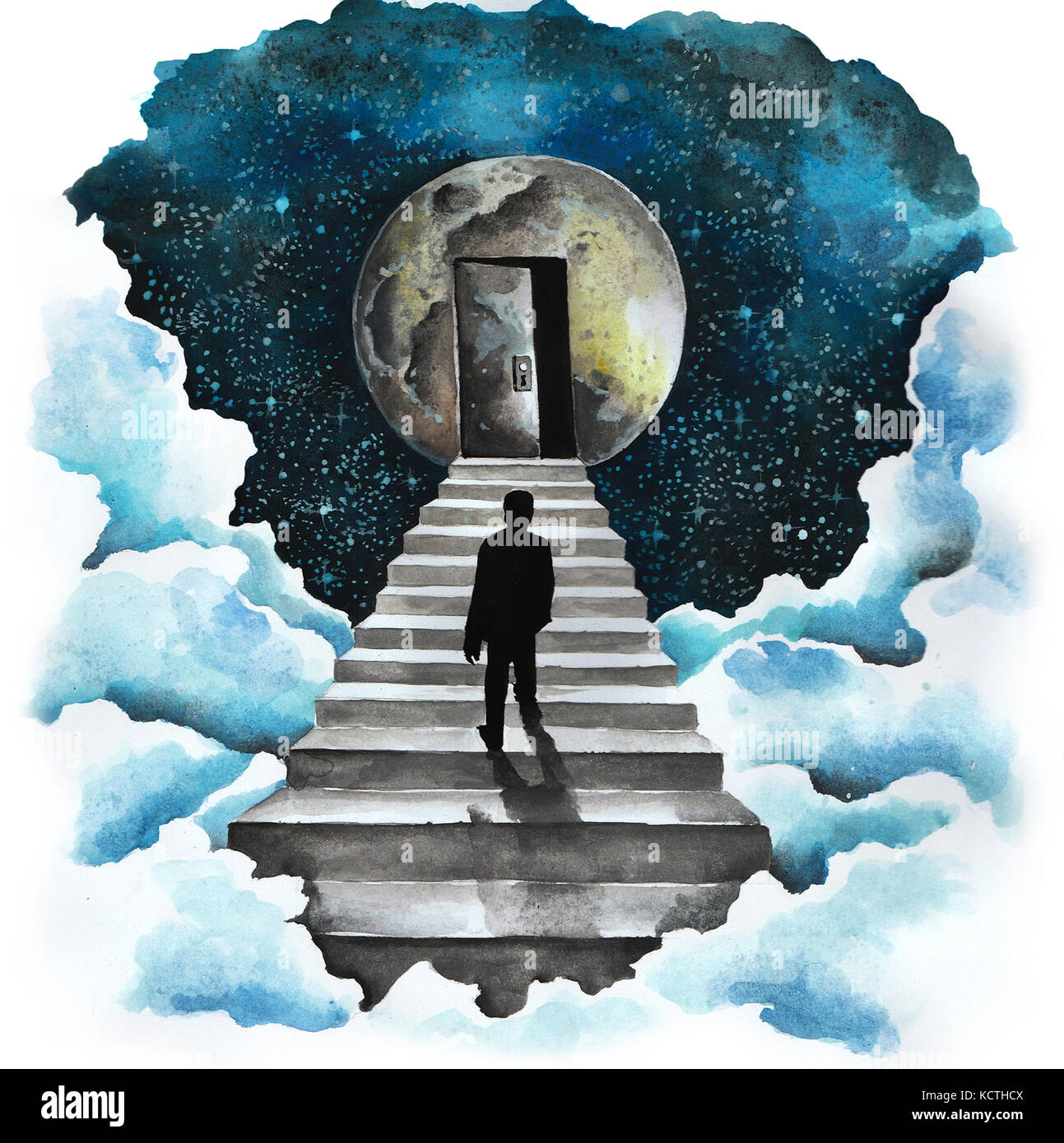 Man on the stairs to the moon Stock Photo - Alamy