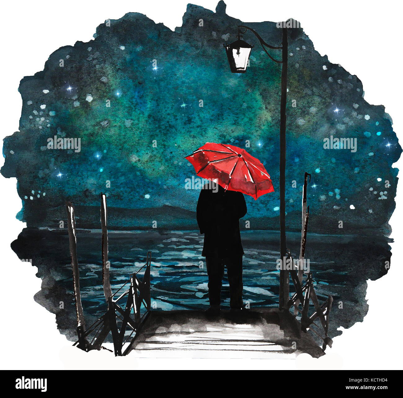 Lonely man standing in the night watercolor drawing Stock Photo - Alamy