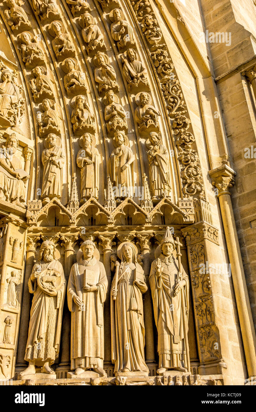 Intricate stonework on the facade of Notre Dame in Paris, France Stock ...