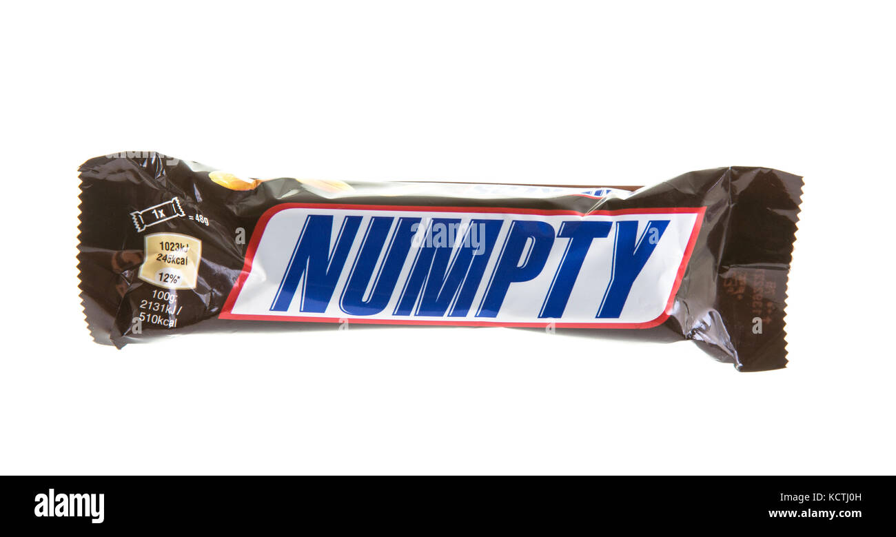 SWINDON, UK - OCTOBER 6, 2017: Snickers NUMPTY chocolate bar on a white ...