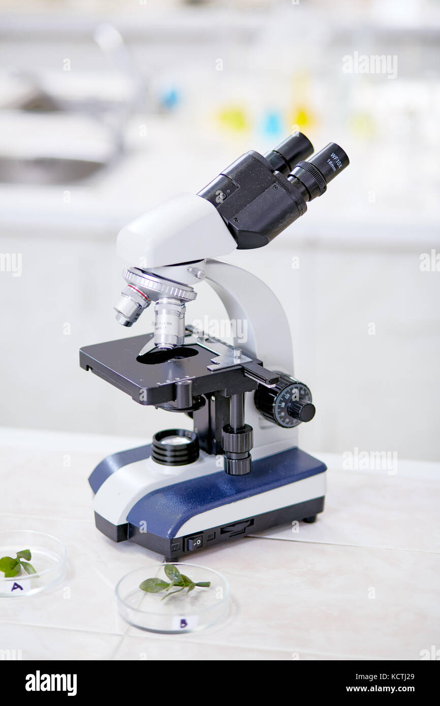 Close-up shot of modern binocular microscope standing on desk of ...