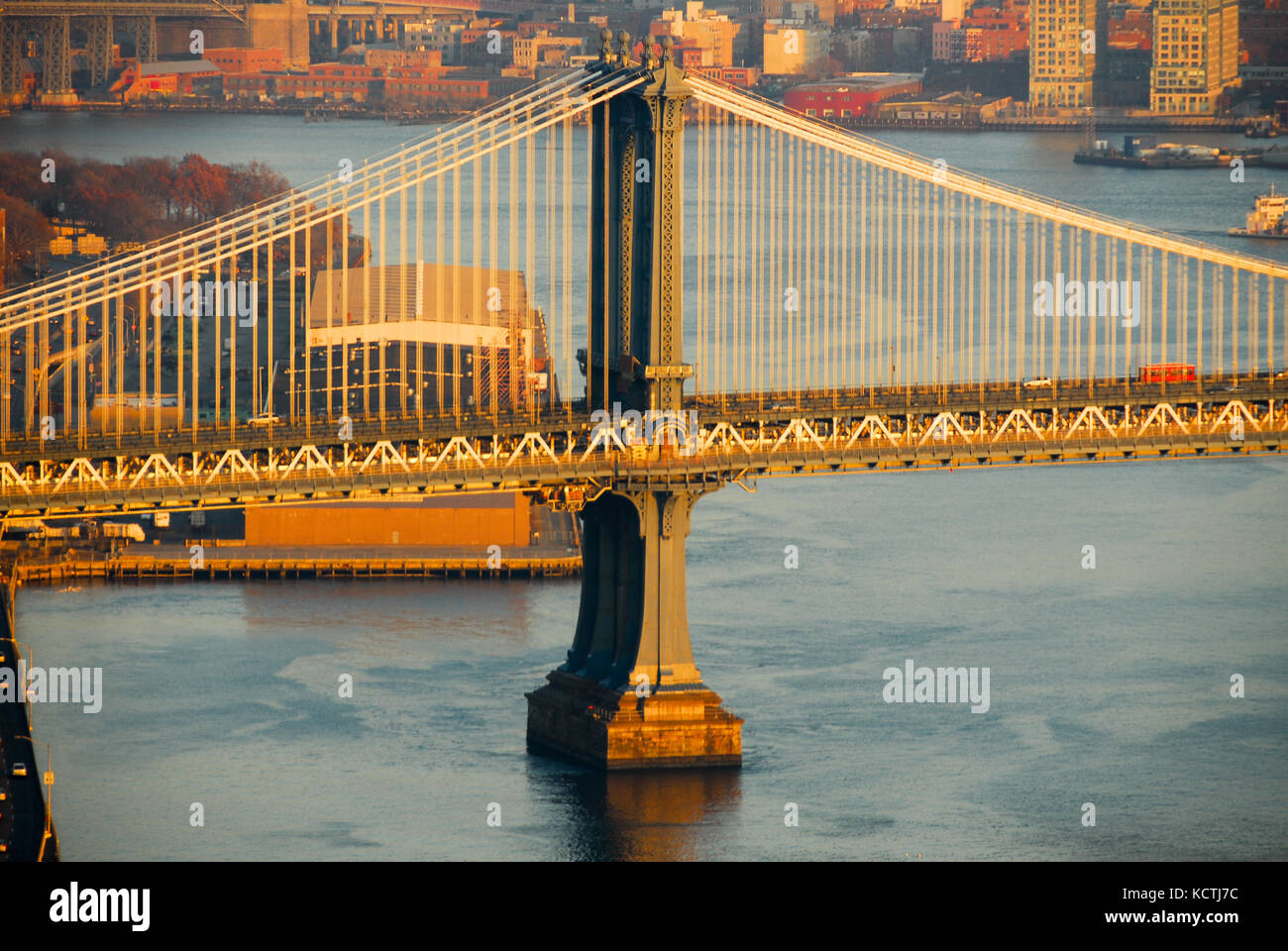 Aerial view of a tower of the Manhattan Bridge spanning Brooklyn and ...