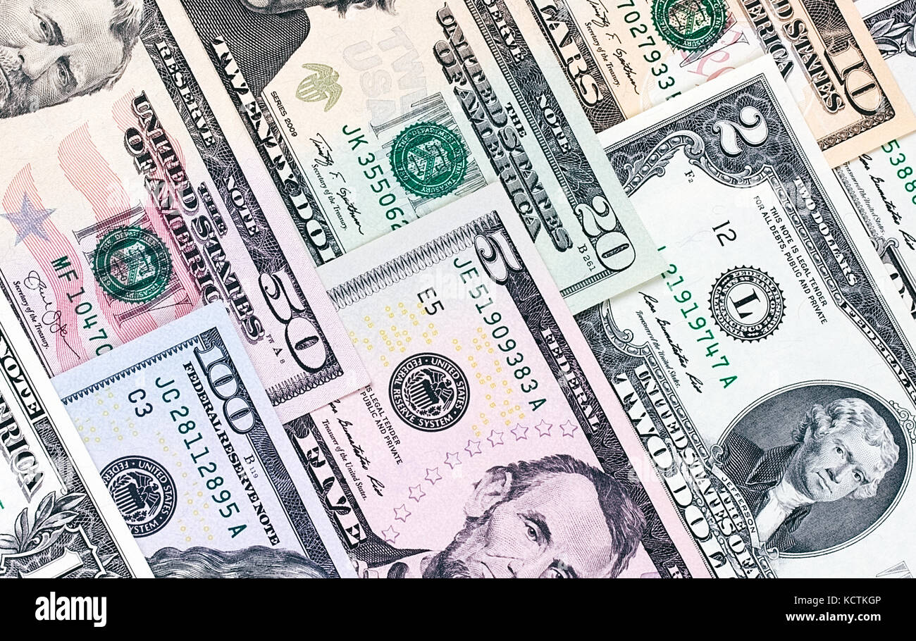 Abstract american dollar bills of different denomination background ...