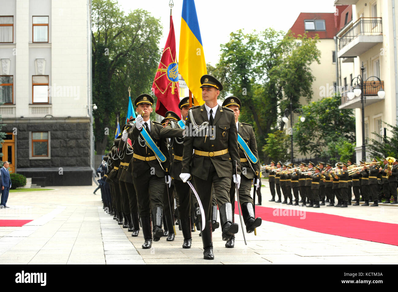 Ukraine's honor guard marching during an official ceremony of meeting ...