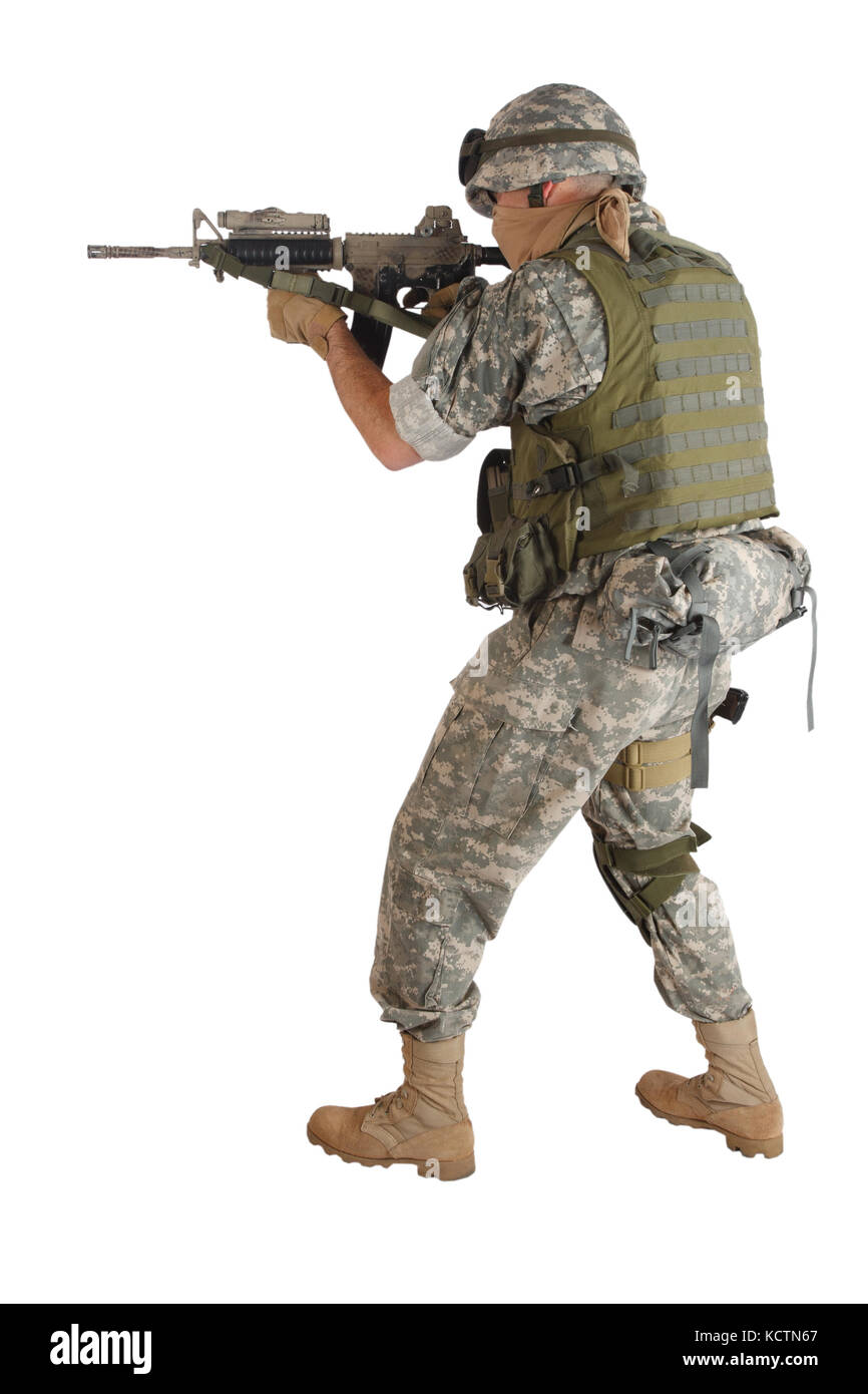 rifleman with assault rifle on white background Stock Photo - Alamy