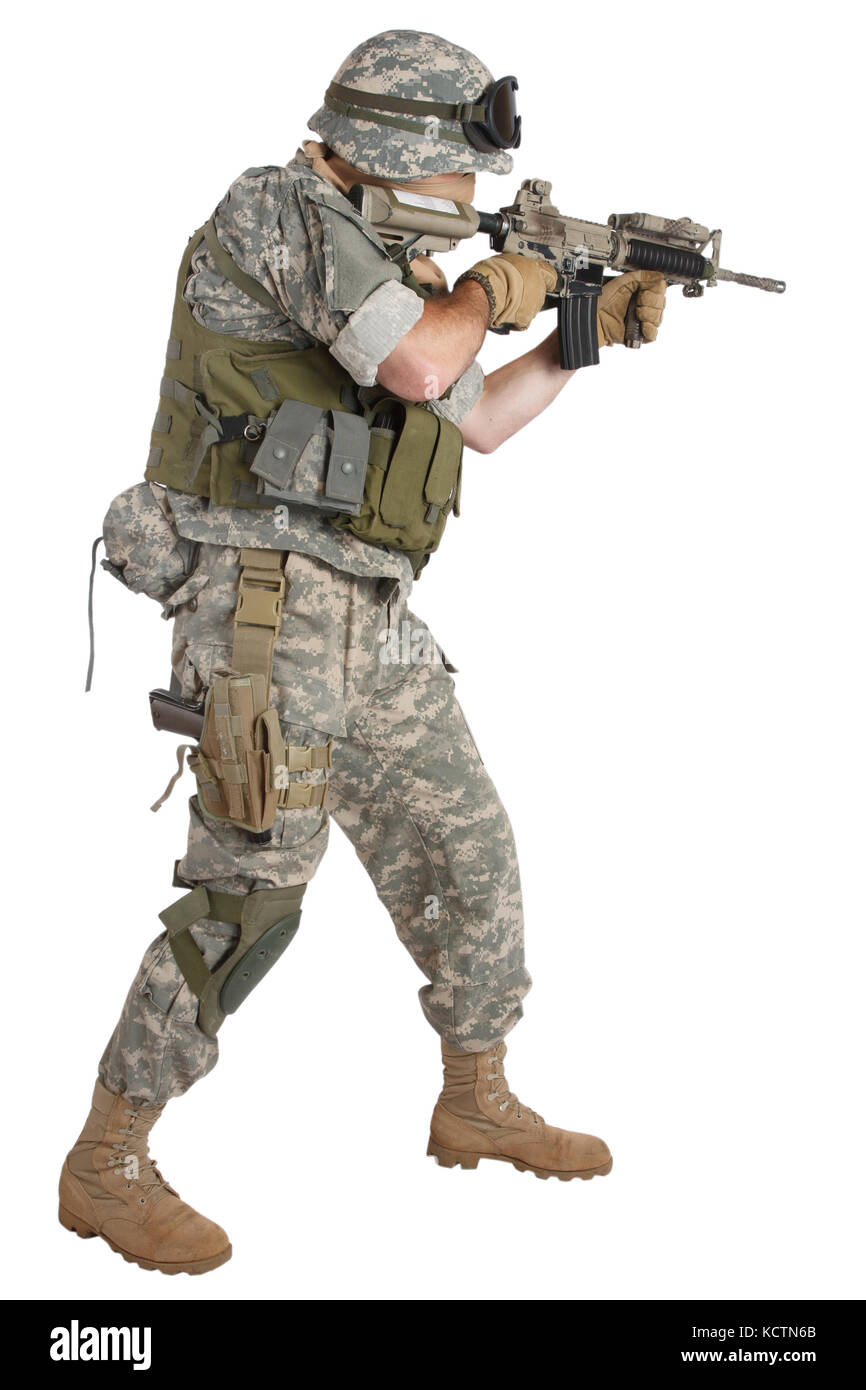 rifleman with assault rifle on white background Stock Photo - Alamy