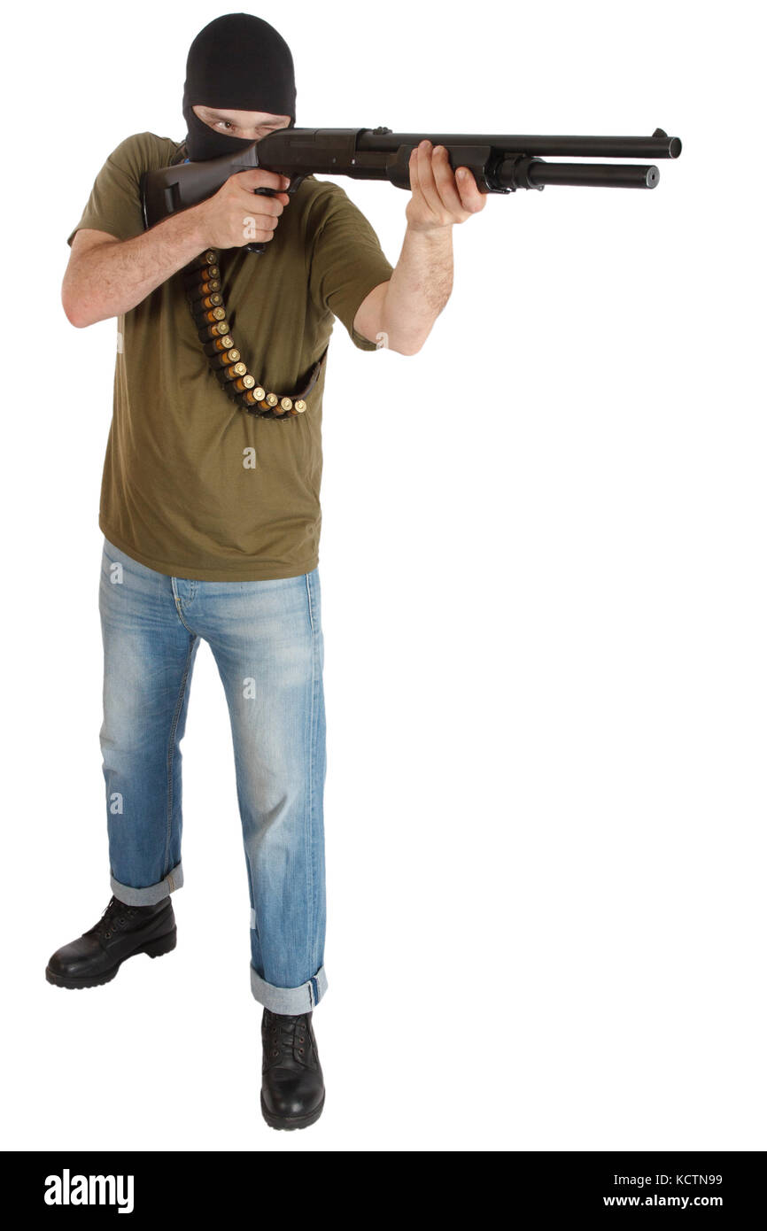 robber in black mask with shotgun isolated Stock Photo - Alamy