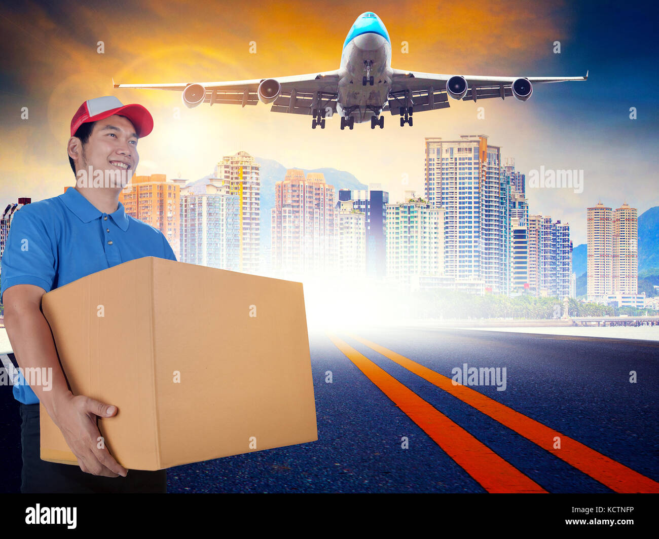 delivery man and cargo plane flying over urban skyline for delivering ...