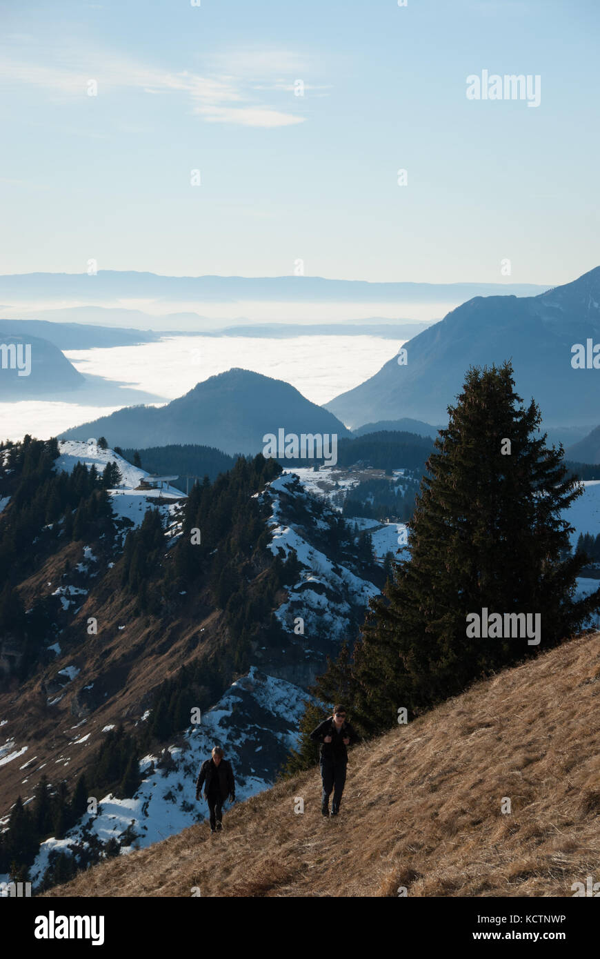 Hikers on path above Col De Joux Plane, Samoens, French Alps, France ...