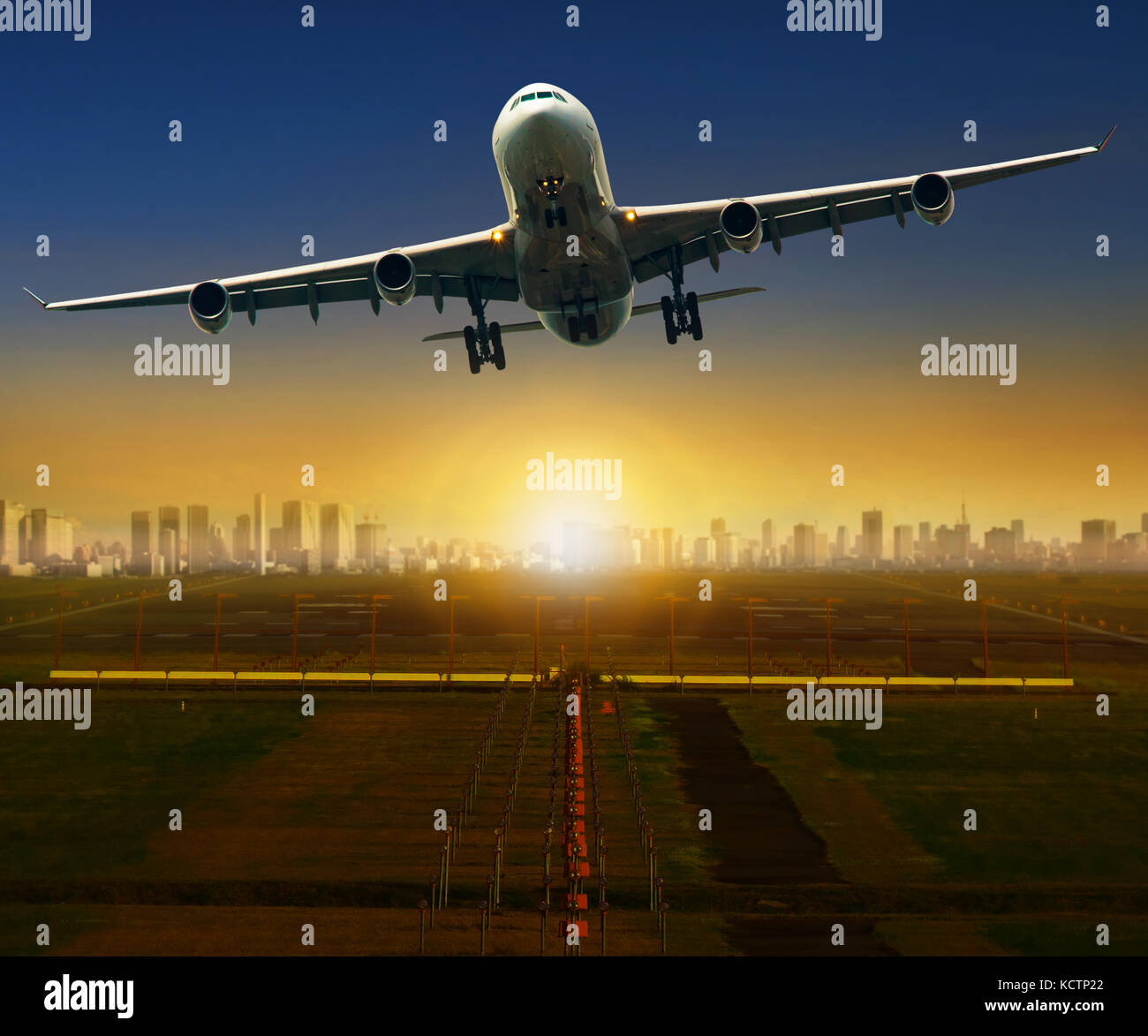 jet plane taking off from airport runway for traveling and logistic ...