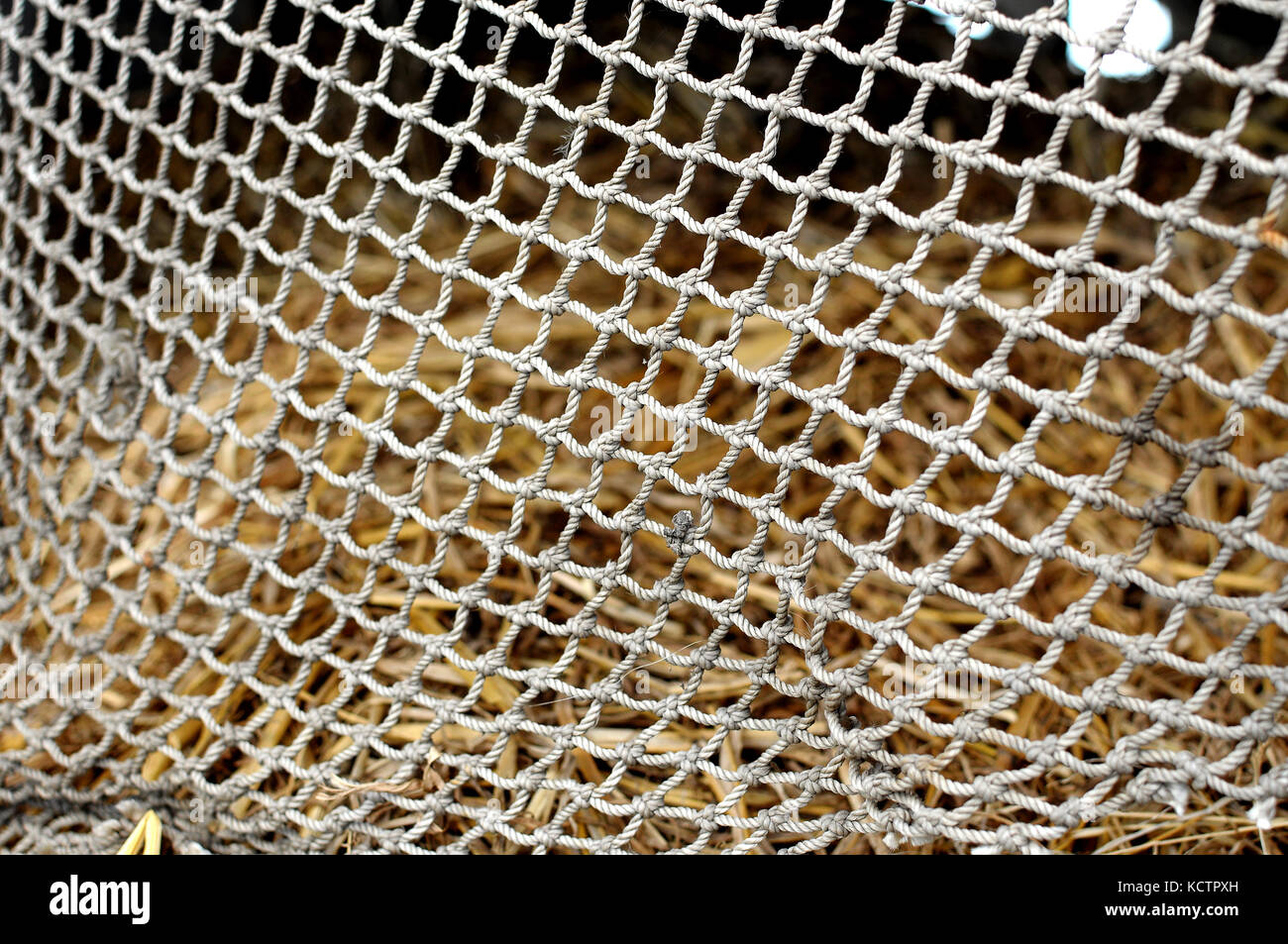 Rope mesh on the blurry background of stack of hay. Texture backdrop ...