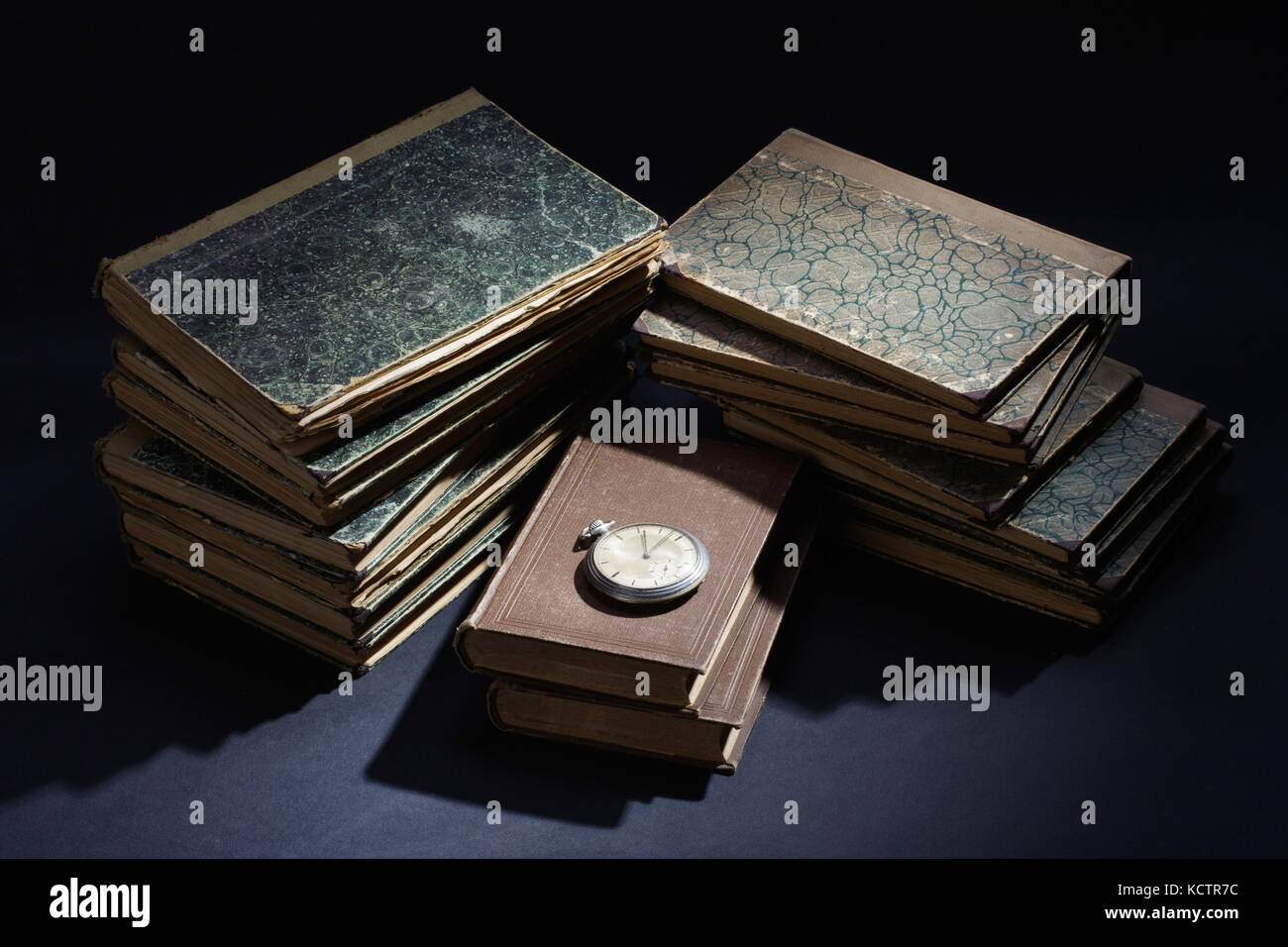 old books, papers, ink pen and inkpot on black background Stock Photo ...