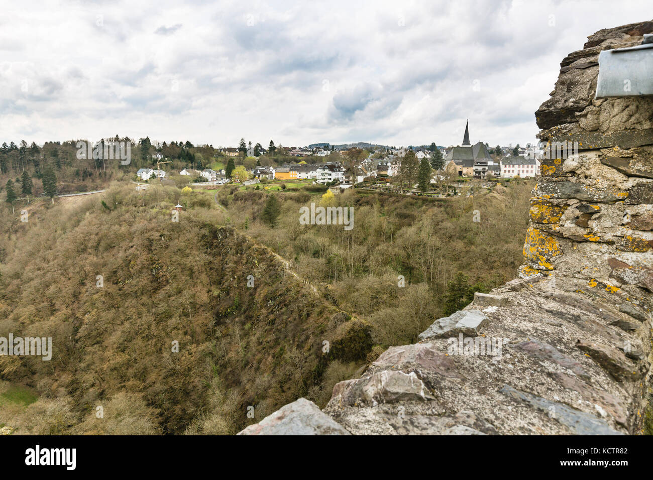 Manderscheid village in the Eifel, Germany in spring seen from the ...