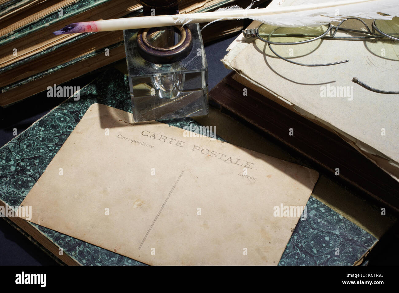 old books, papers, ink pen and inkpot on black background Stock Photo ...