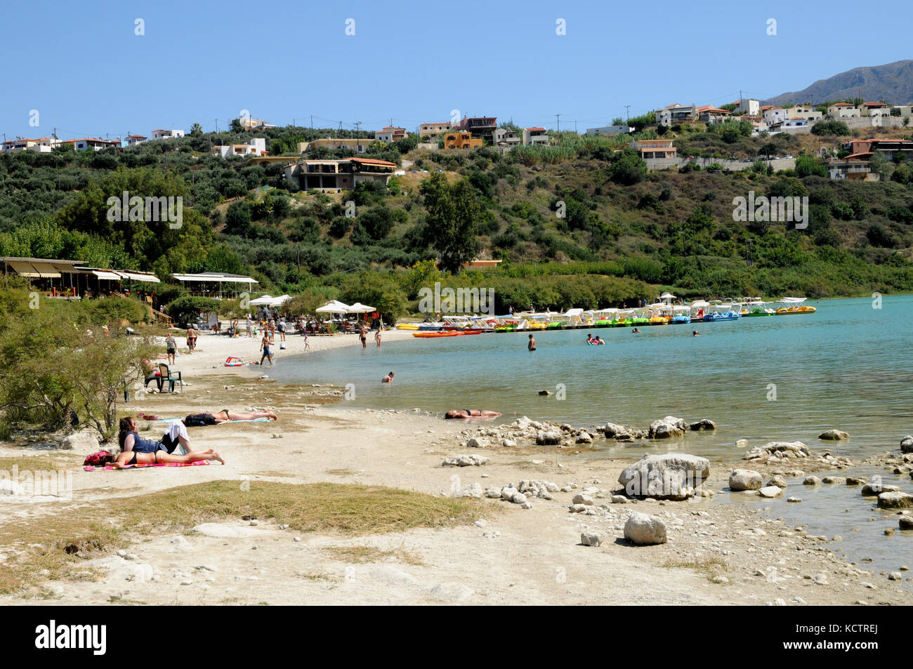 View of Lake Kournas, the only freshwater lake on the island of Crete ...