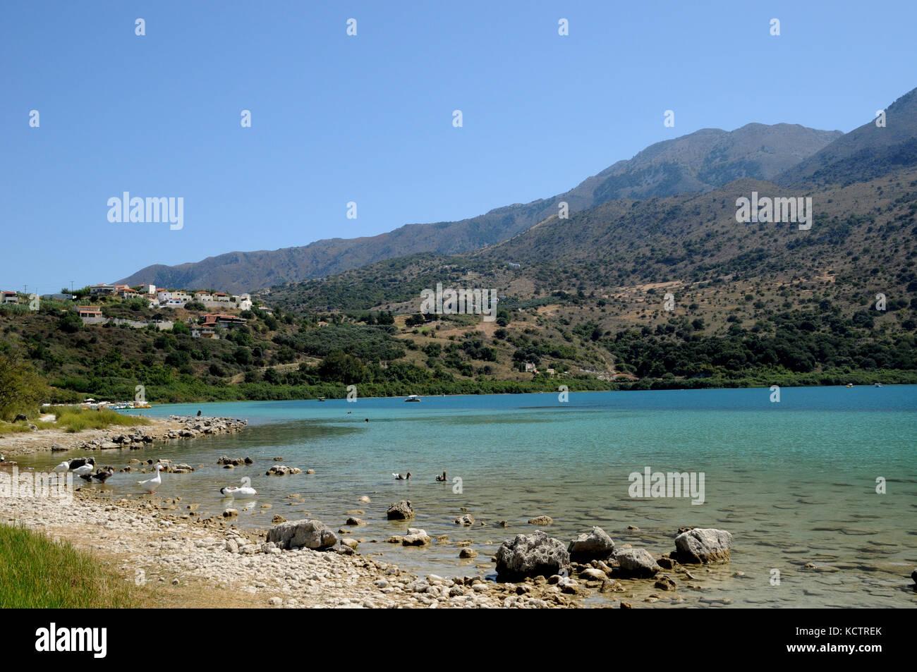 View of Lake Kournas, the only freshwater lake on the island of Crete ...
