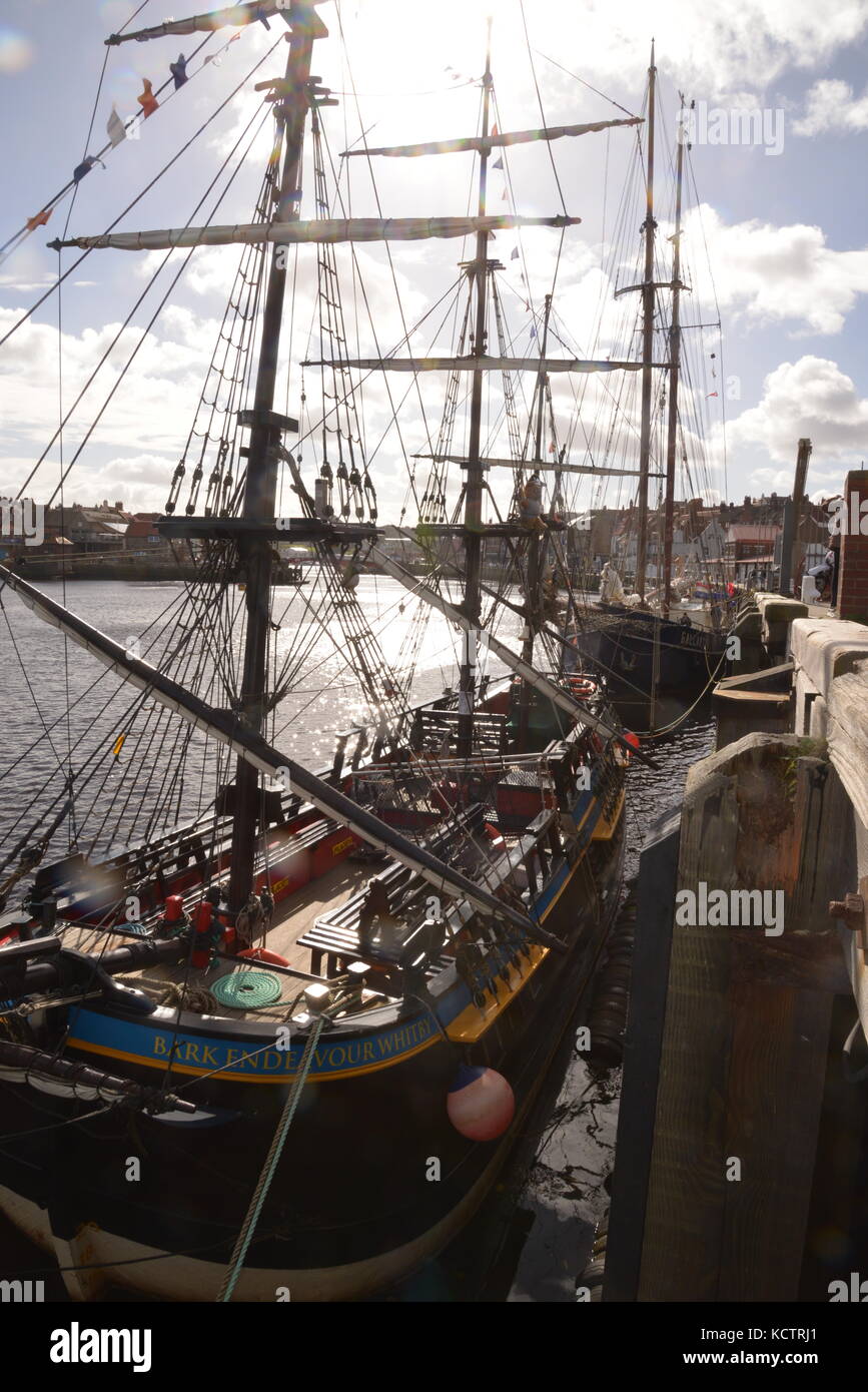 Harbour view with tall ship and rigging, Whitby, North Yorkshire UK ...