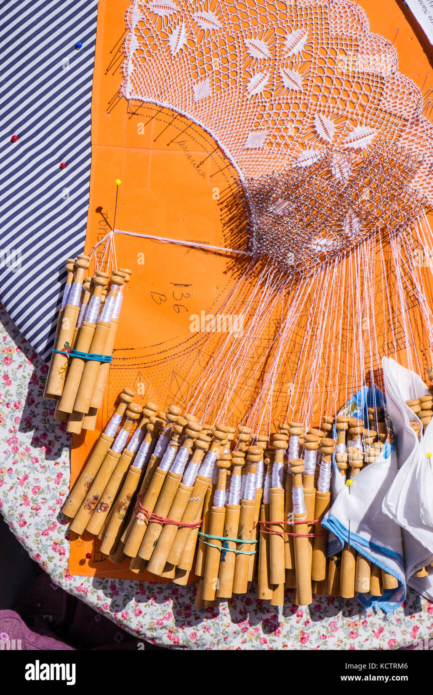 traditional bobbin lace work with wire and wood Stock Photo - Alamy