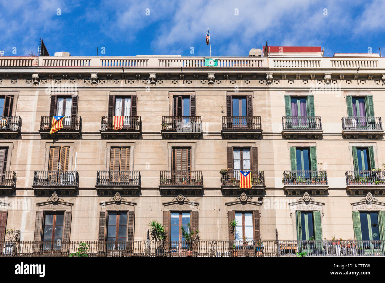 Signs, banners and flags cover the cityscape of Barcelona in support of ...