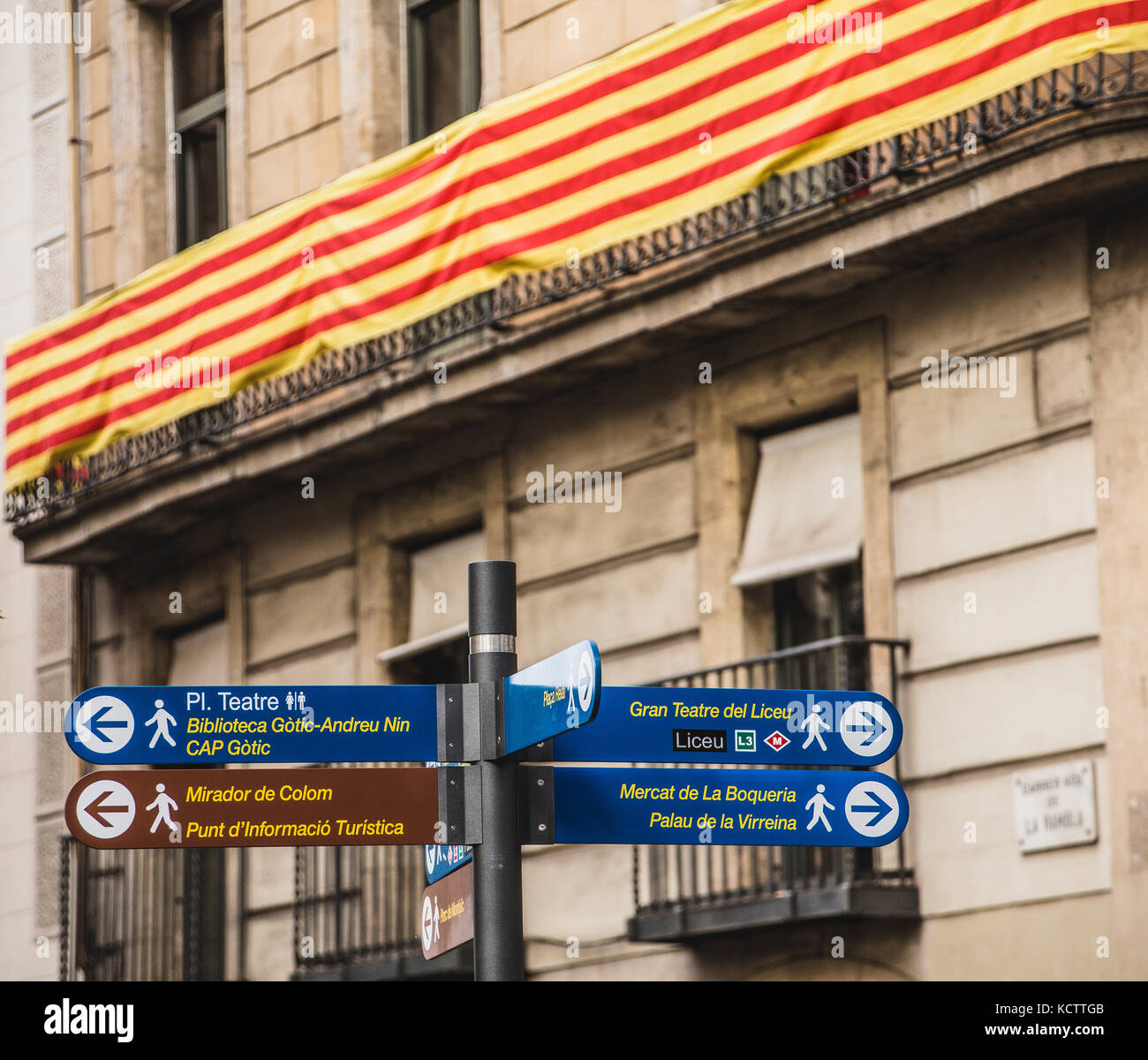 Signs, banners and flags cover the cityscape of Barcelona in support of ...
