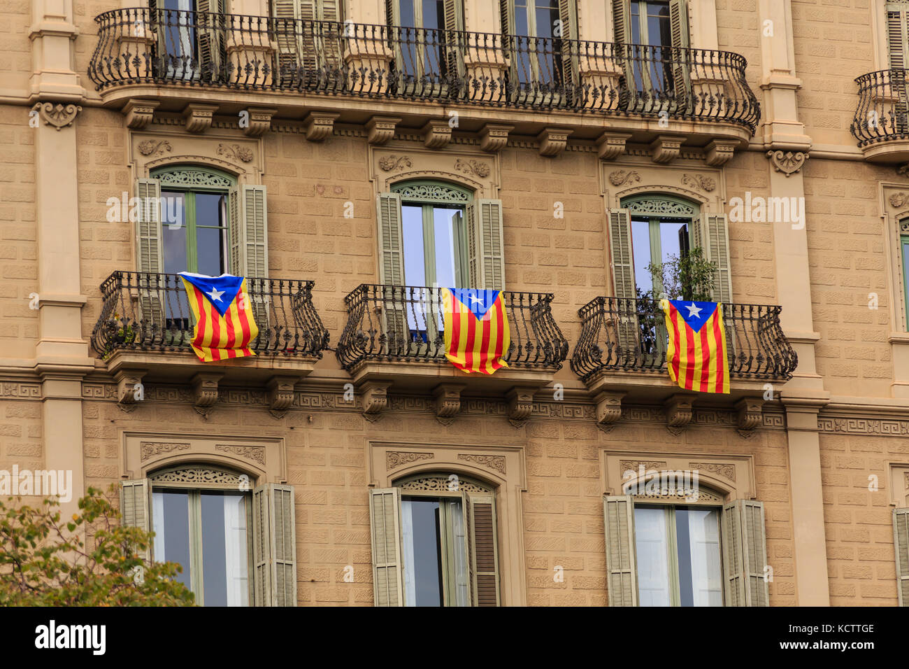 Signs, banners and flags cover the cityscape of Barcelona in support of ...