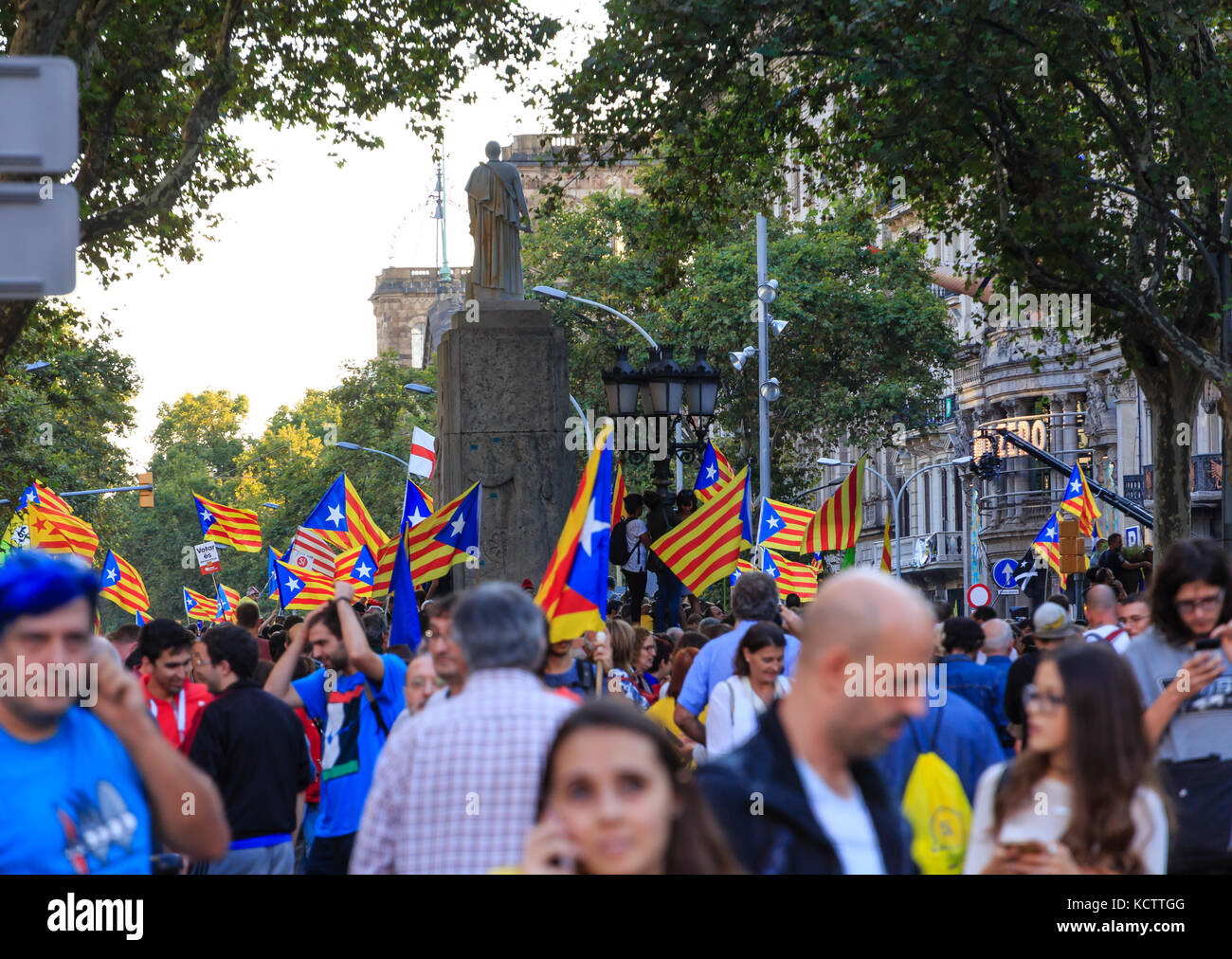 Signs, banners and flags cover the cityscape of Barcelona in support of ...
