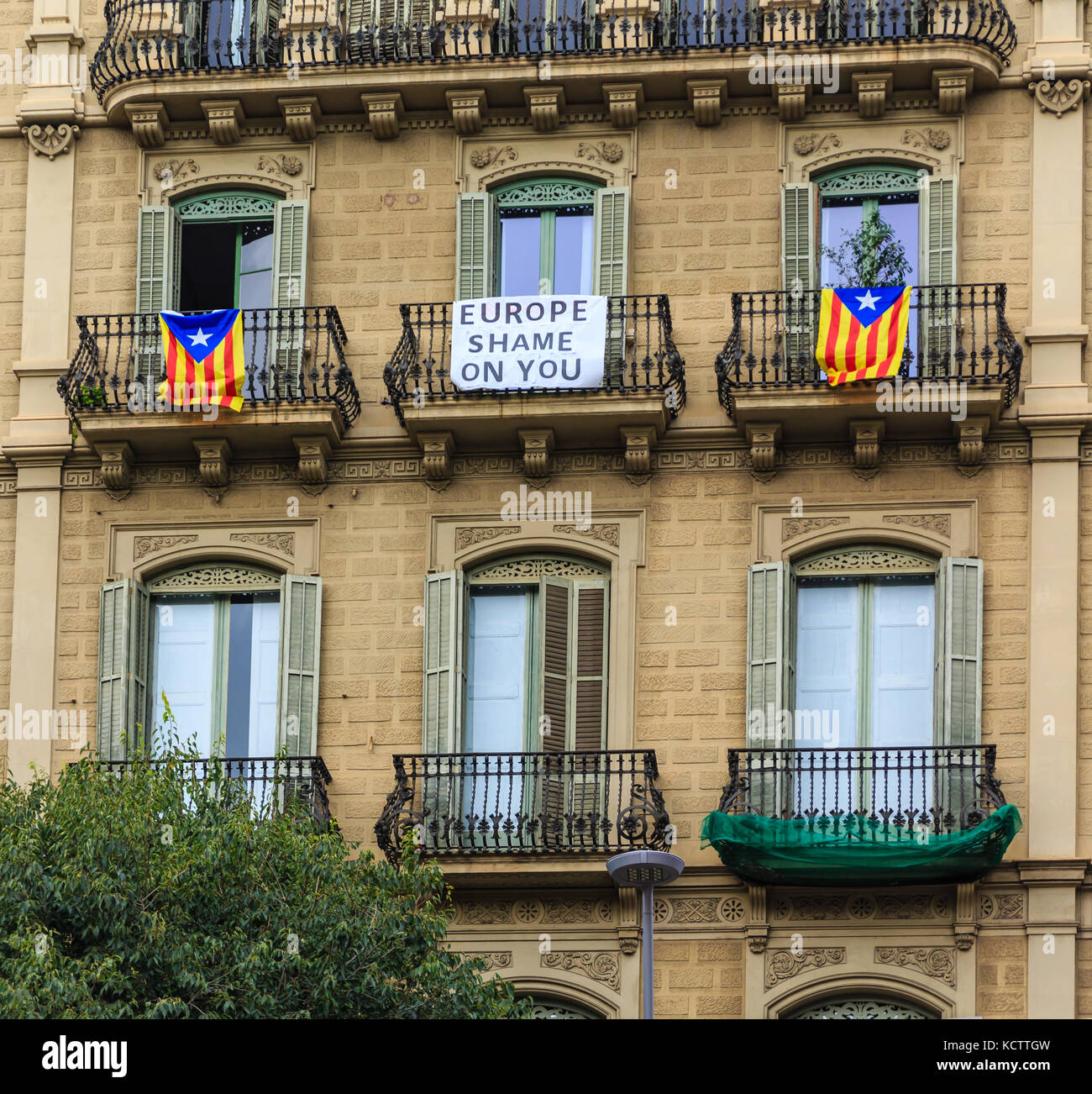 Signs, banners and flags cover the cityscape of Barcelona in support of ...