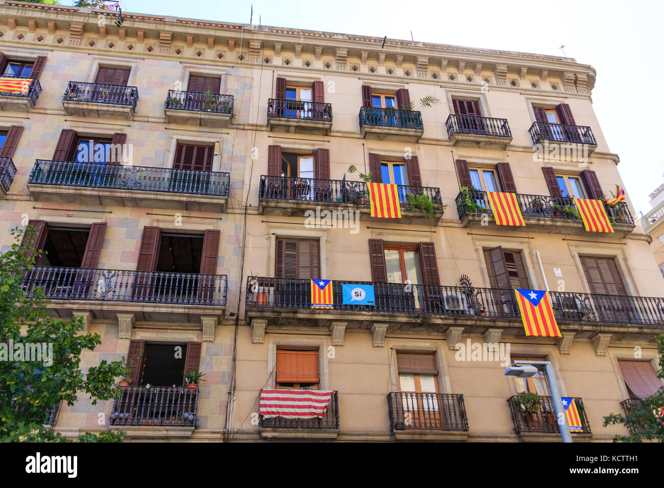 Signs, banners and flags cover the cityscape of Barcelona in support of ...