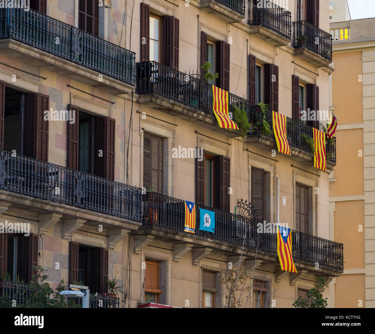 Signs, banners and flags cover the cityscape of Barcelona in support of ...