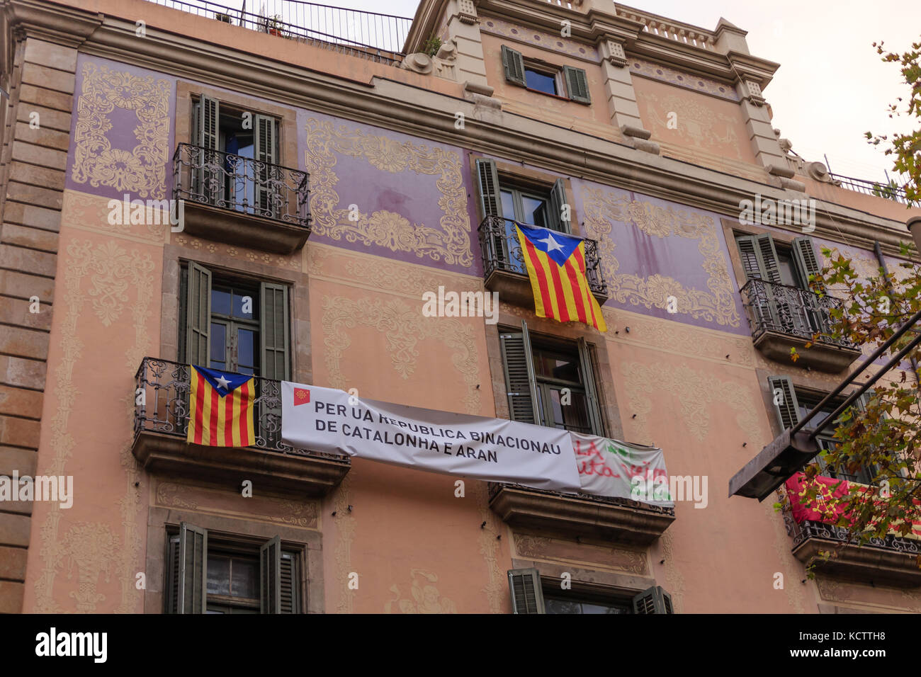 Signs, banners and flags cover the cityscape of Barcelona in support of ...