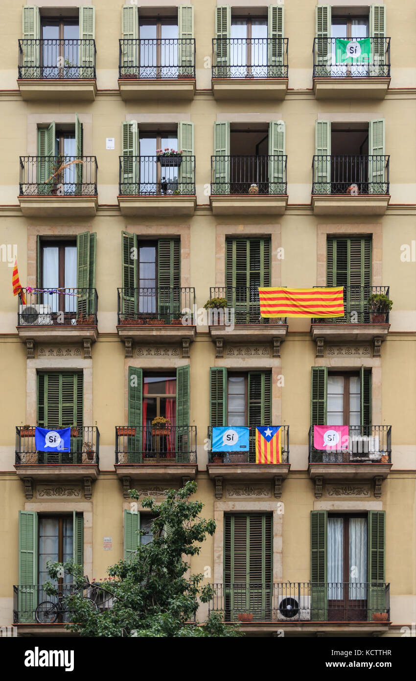 Signs, banners and flags cover the cityscape of Barcelona in support of ...