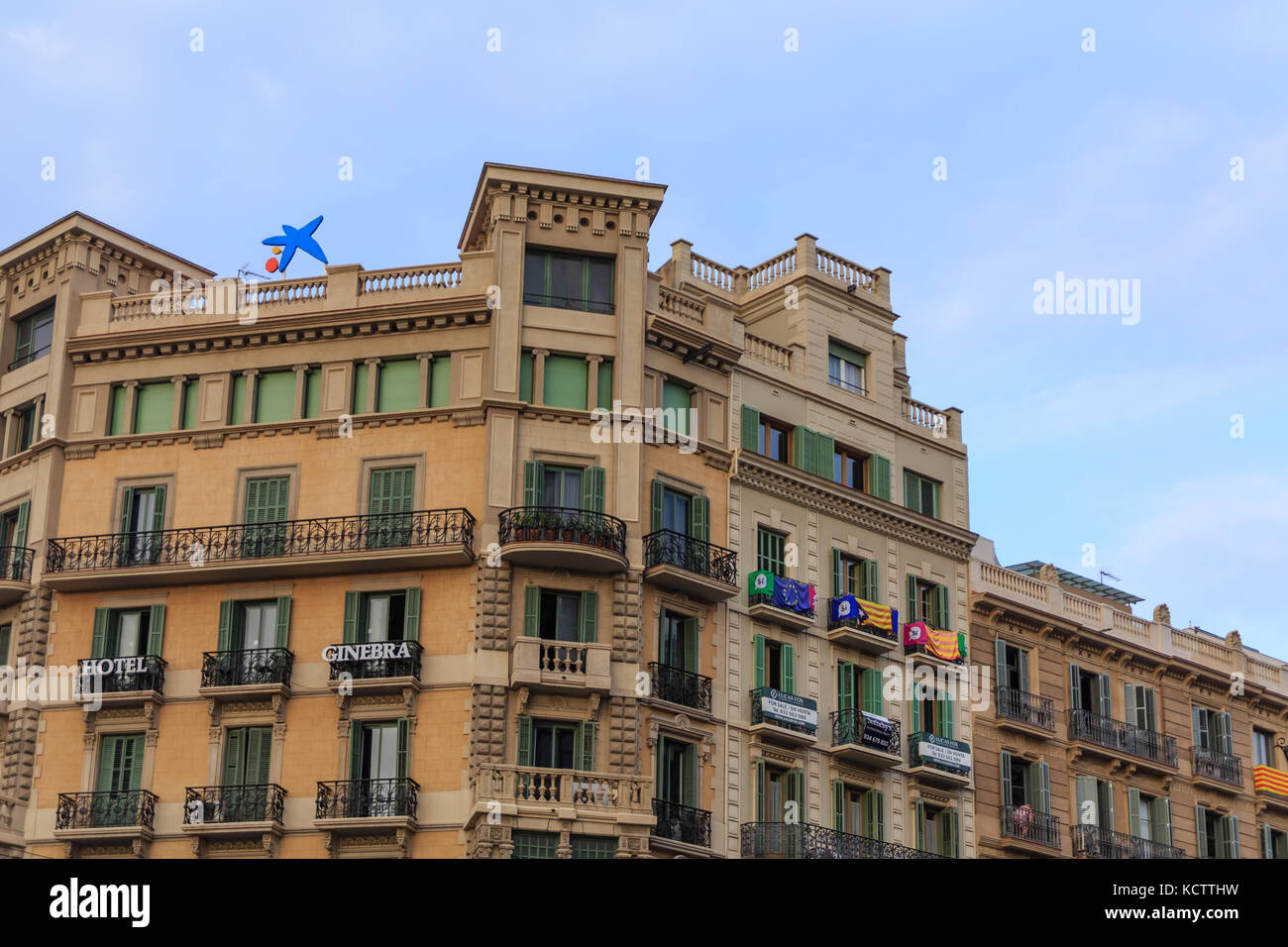 Signs, banners and flags cover the cityscape of Barcelona in support of ...