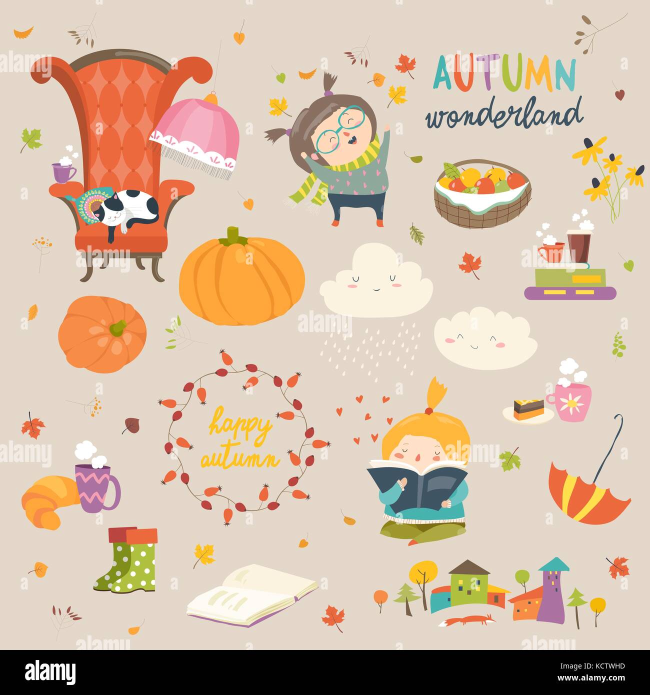 Happy girl pumpkin autumn Stock Vector Images - Alamy