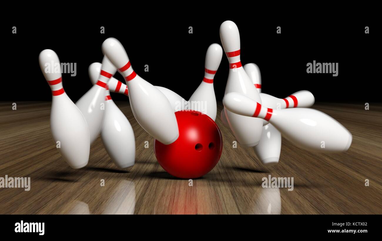 Bowling ball and pins in motion on wooden floor Stock Photo - Alamy