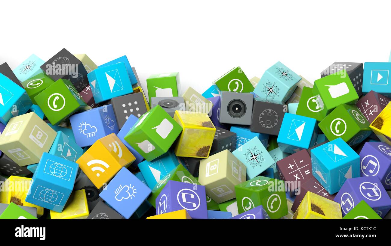 Various apps in shape of a cube, with copy-space on white background ...