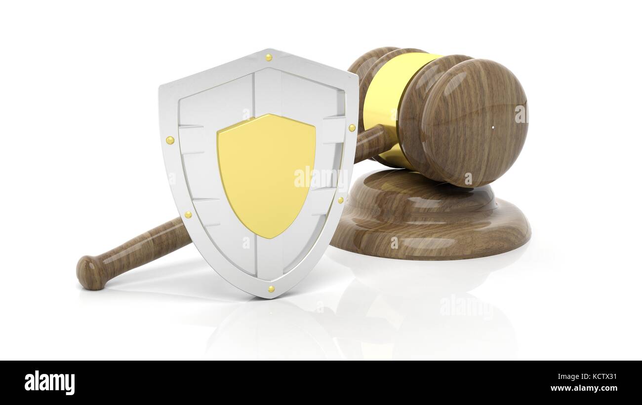 Silver shield and gavel symbols, isolated on white background Stock ...
