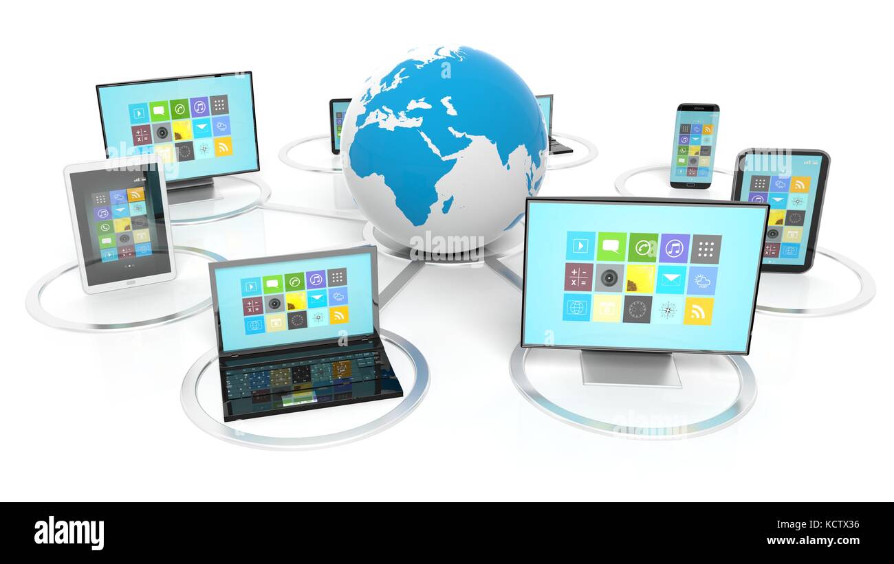 Globe icon with communication devices around it, isolated on white ...