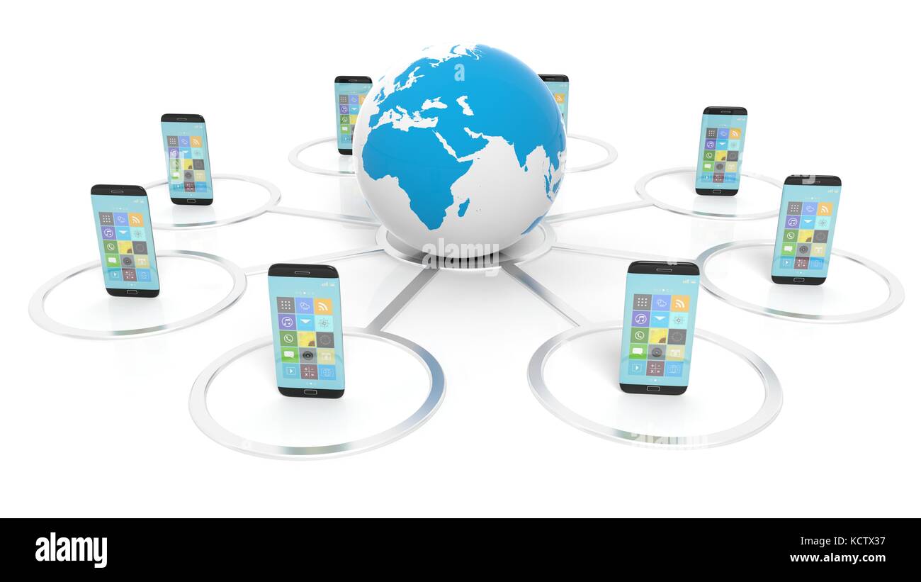 Globe icon with smartphones around it, isolated on white background ...