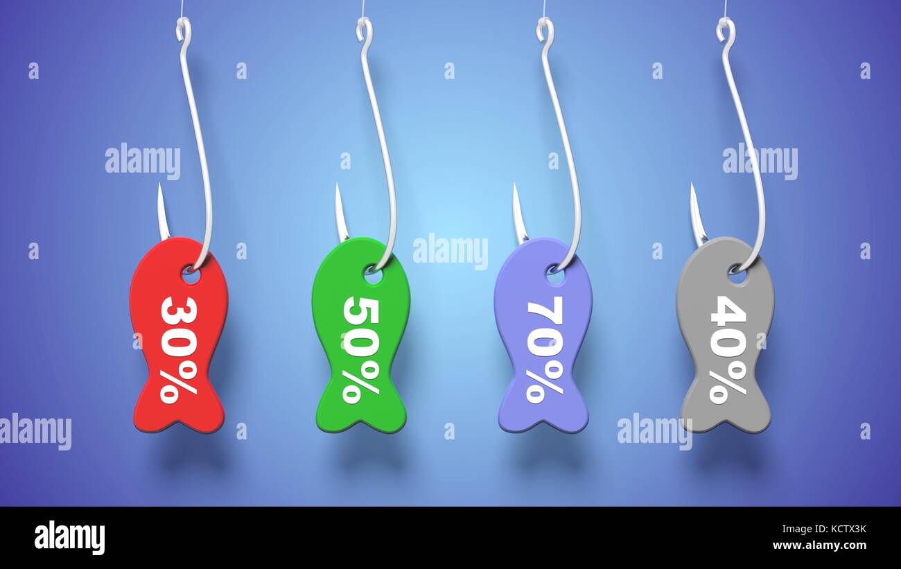 Fishing hook with price tags, on blue background Stock Photo - Alamy